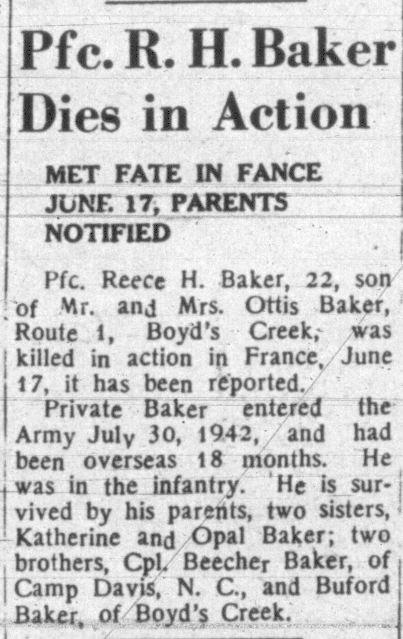 Reece Baker newsclipping on his death